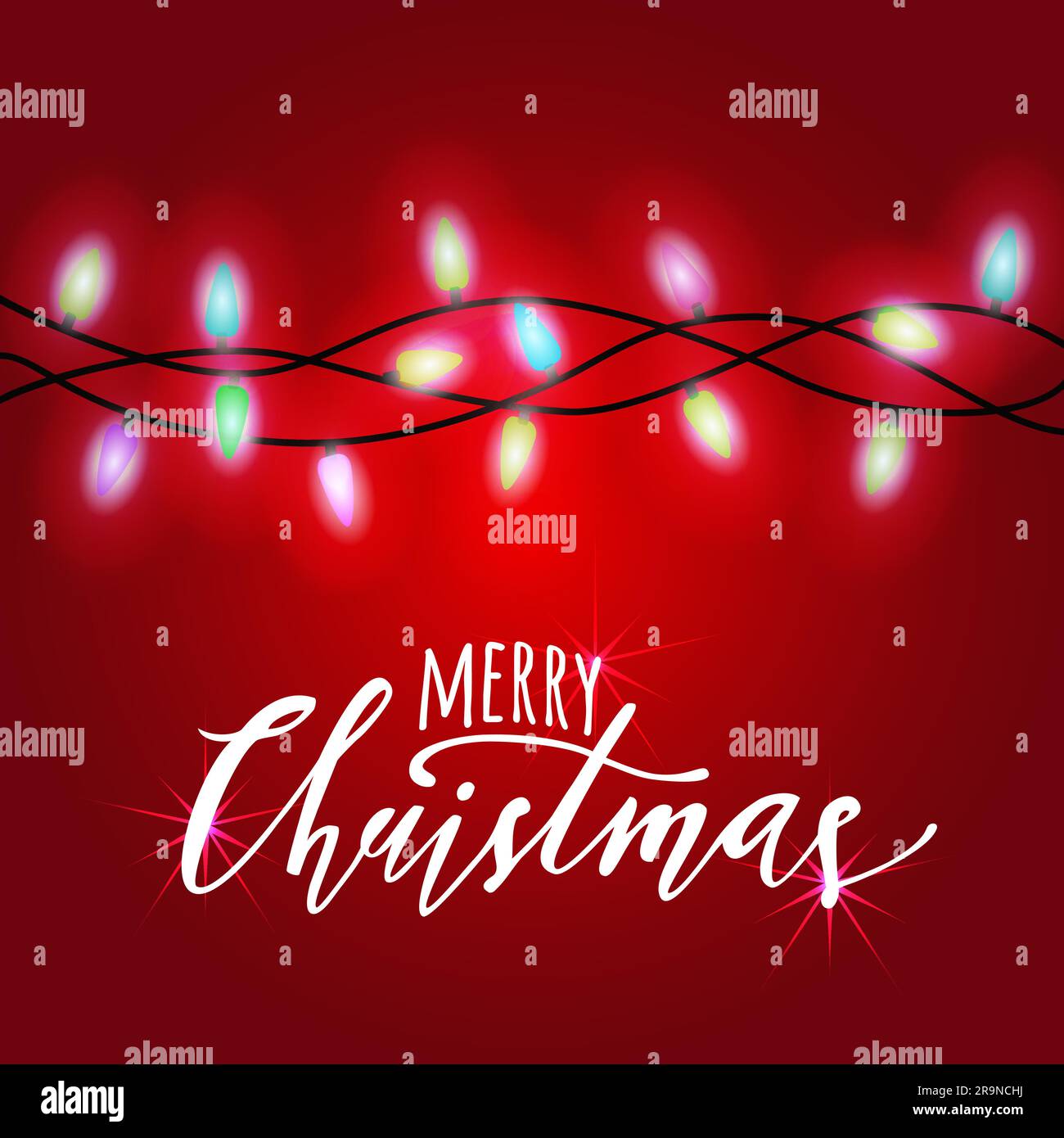Vector greeting Christmas card with colorful glowing lights and ...