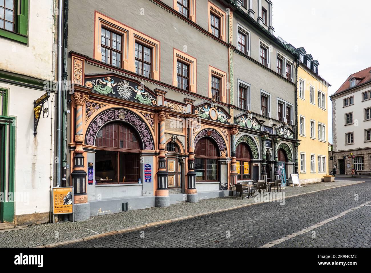 Historic Theater Im Gewolbe building on the market square of Weimar in ...