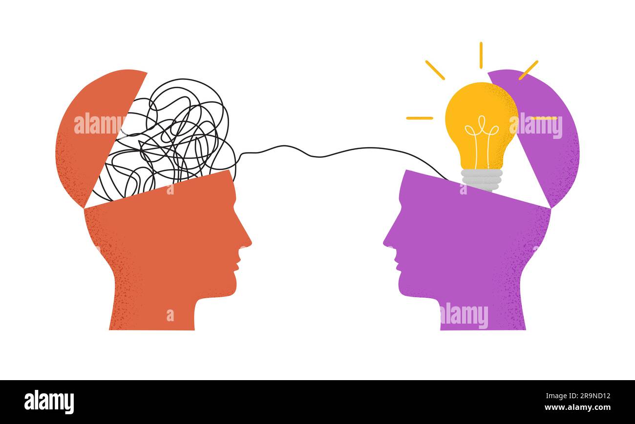 Vector illustration with two human heads with mess in one and light ...