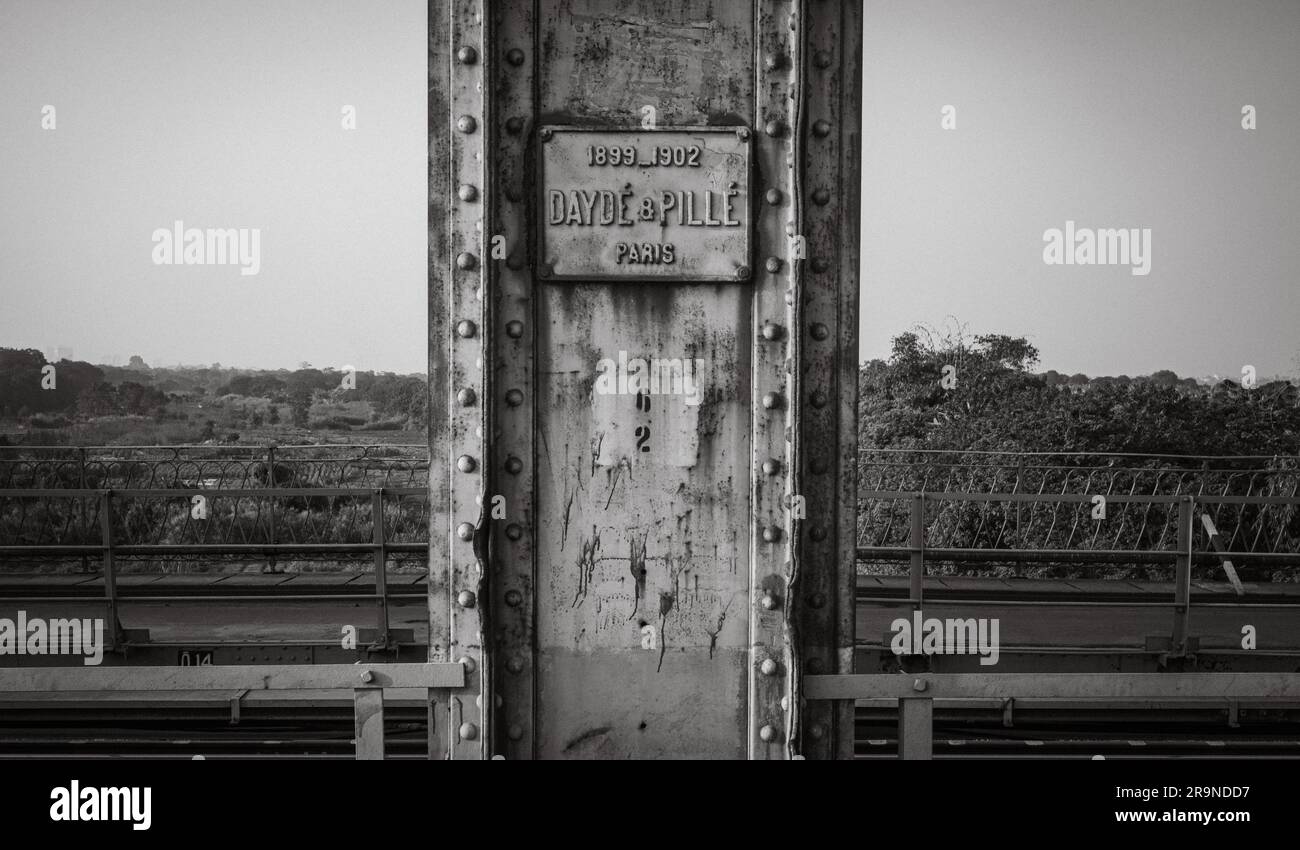 A rusted steel vertical post on Long Bien Bridge in Hanoi, Vietnam ...