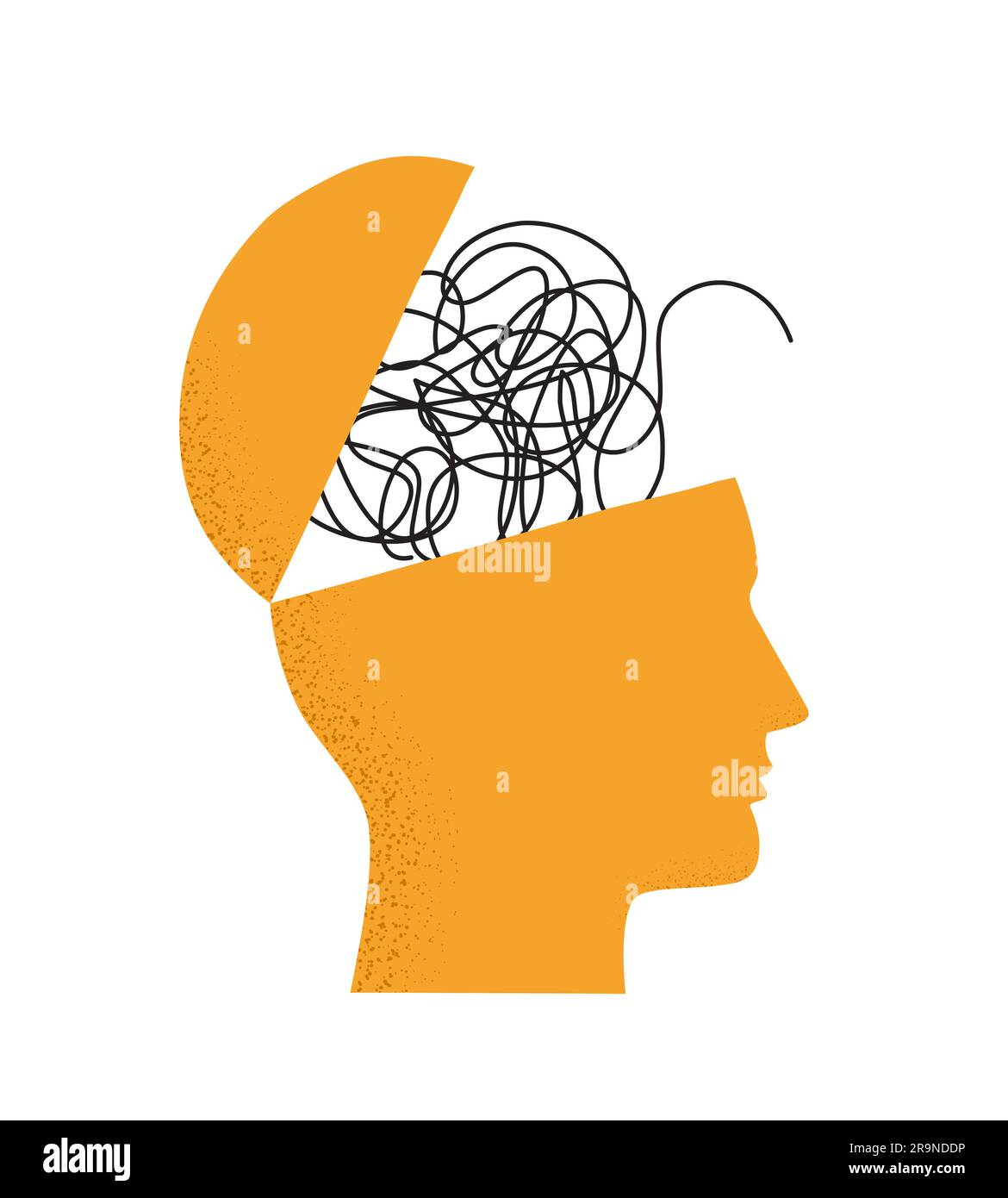 Vector illustration with human head silhouette with brain as tangled messy single line. Trendy ...