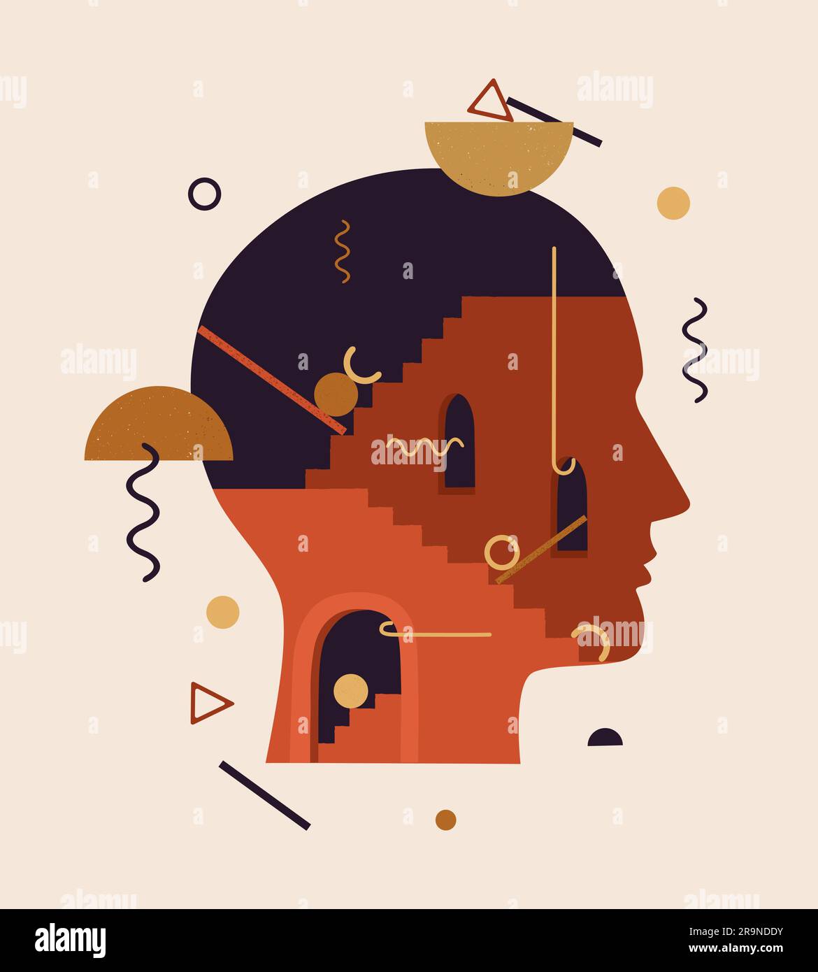 Vector illustration of abstract human head with stairs, doors ...