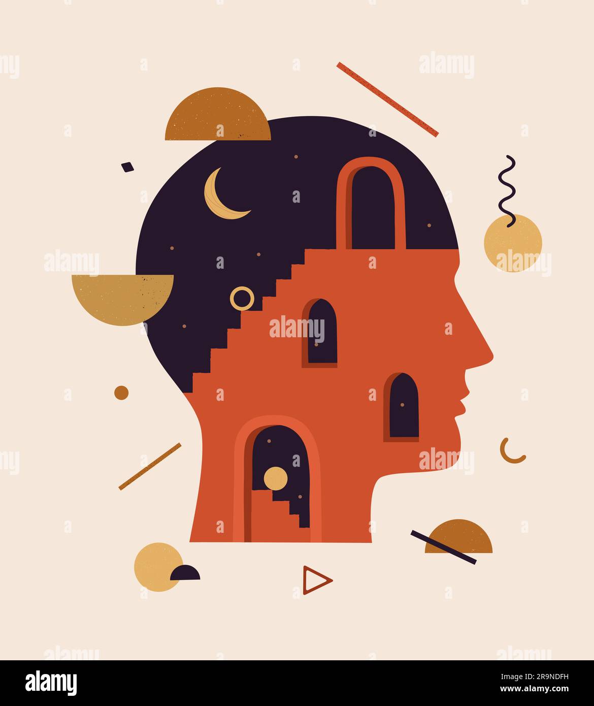 Vector illustration of abstract human head with stairs, doors ...
