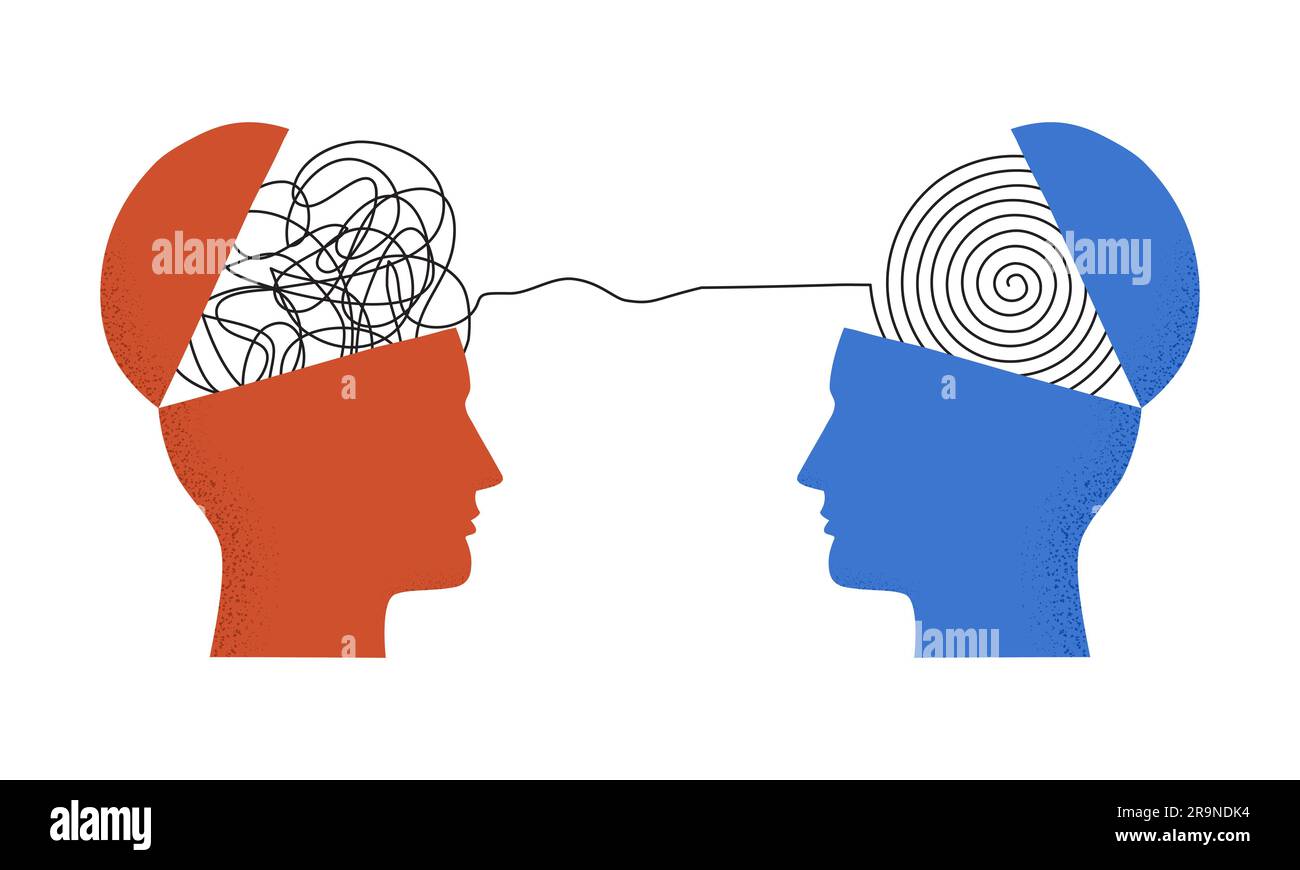 Vector illustration of two human heads silhouette with thread between ...