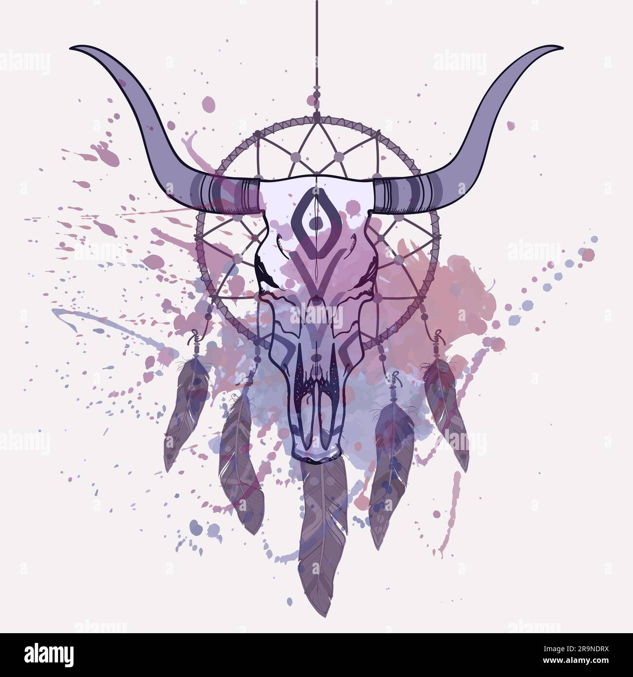 Vector illustration of bull skull and dream catcher with watercolor ...