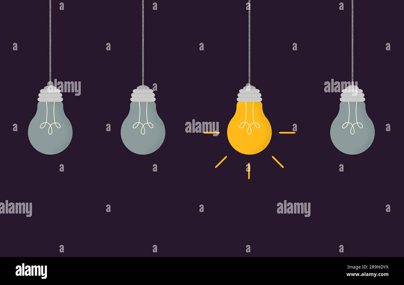 Vector illustration with hanging light bulbs: one is glowing, others is ...