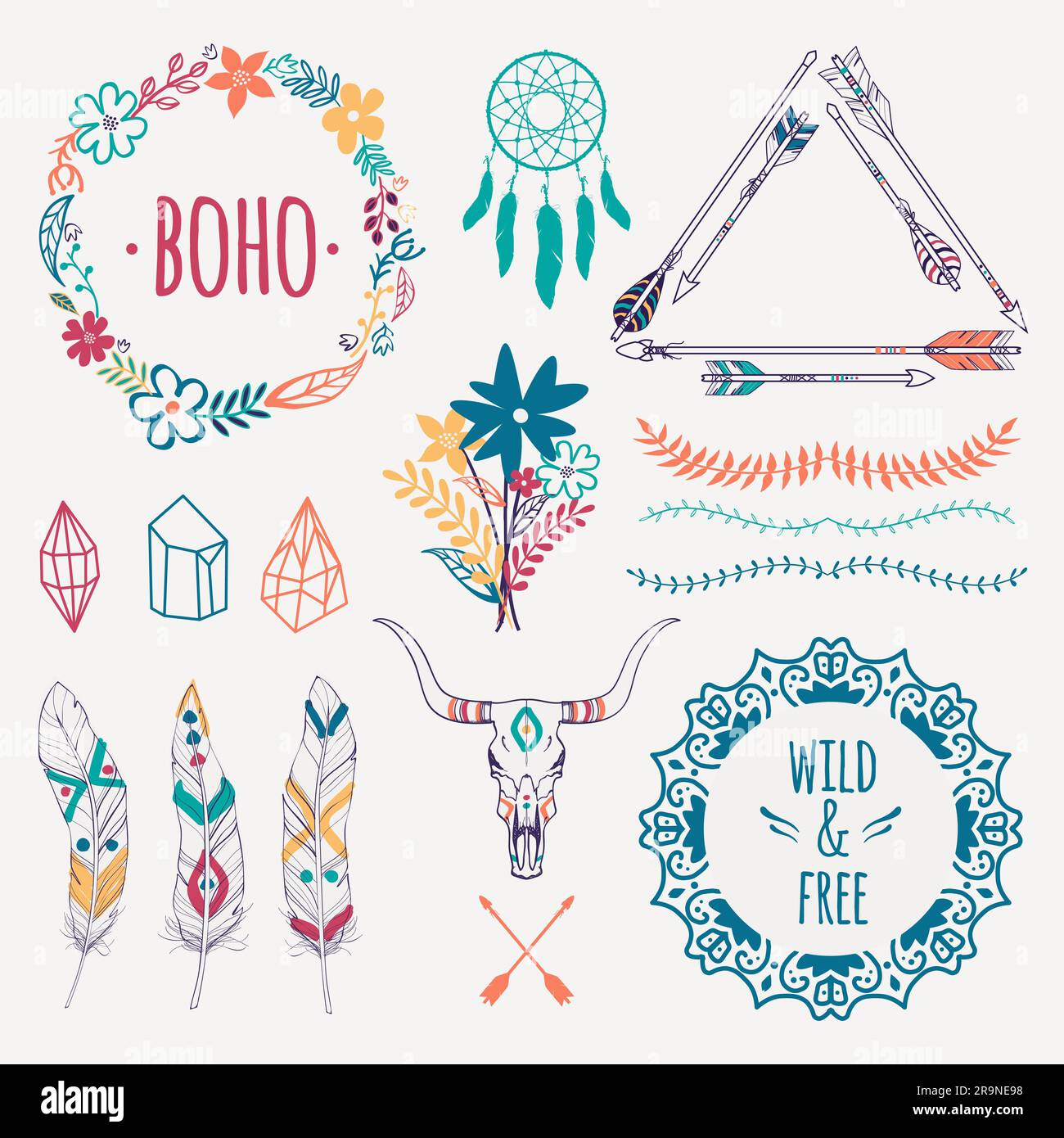 Vector colorful ethnic set with arrows, feathers, crystals, floral ...