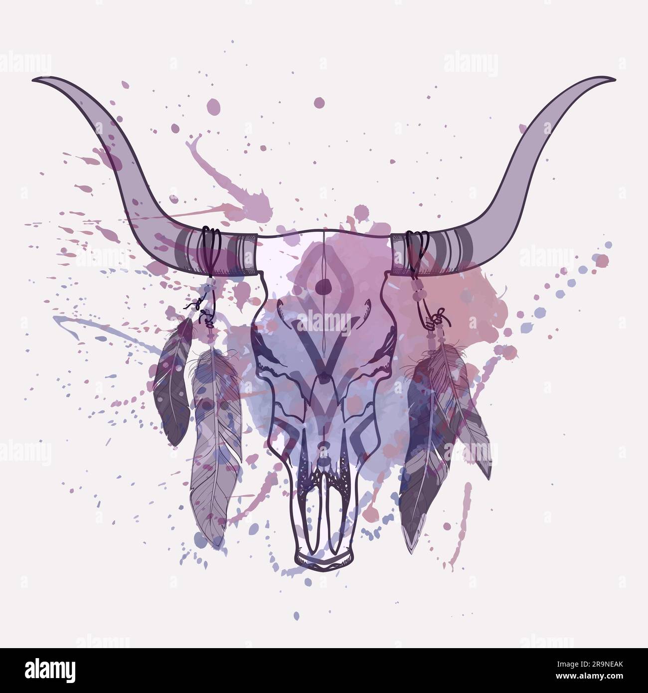 Vector illustration of bull skull with feathers and watercolor splash ...