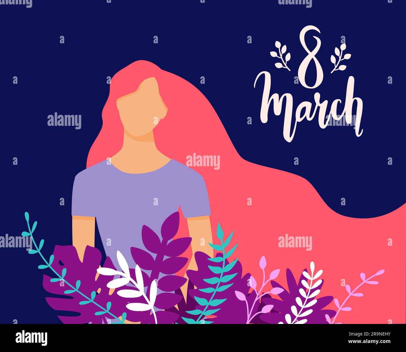 Vector Happy 8 March illustration with beautiful woman surrounded by ...