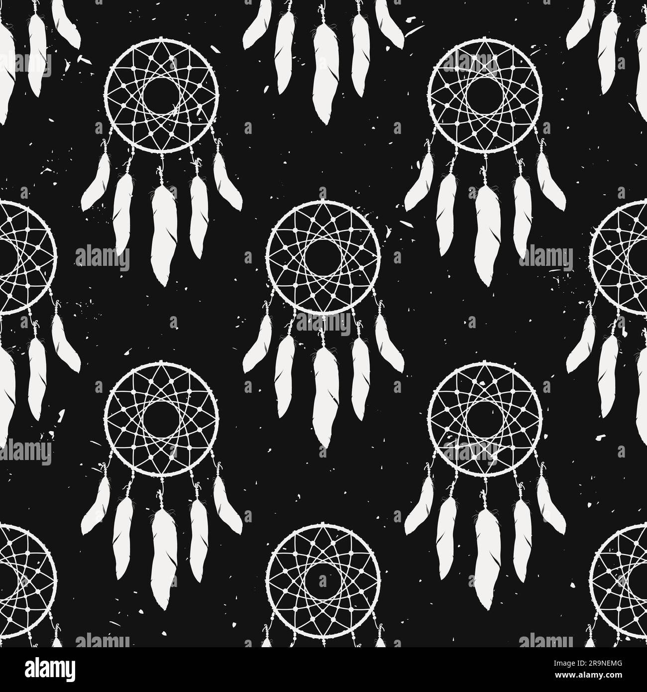 Vector grunge monochrome seamless pattern with dream catchers. Boho ...