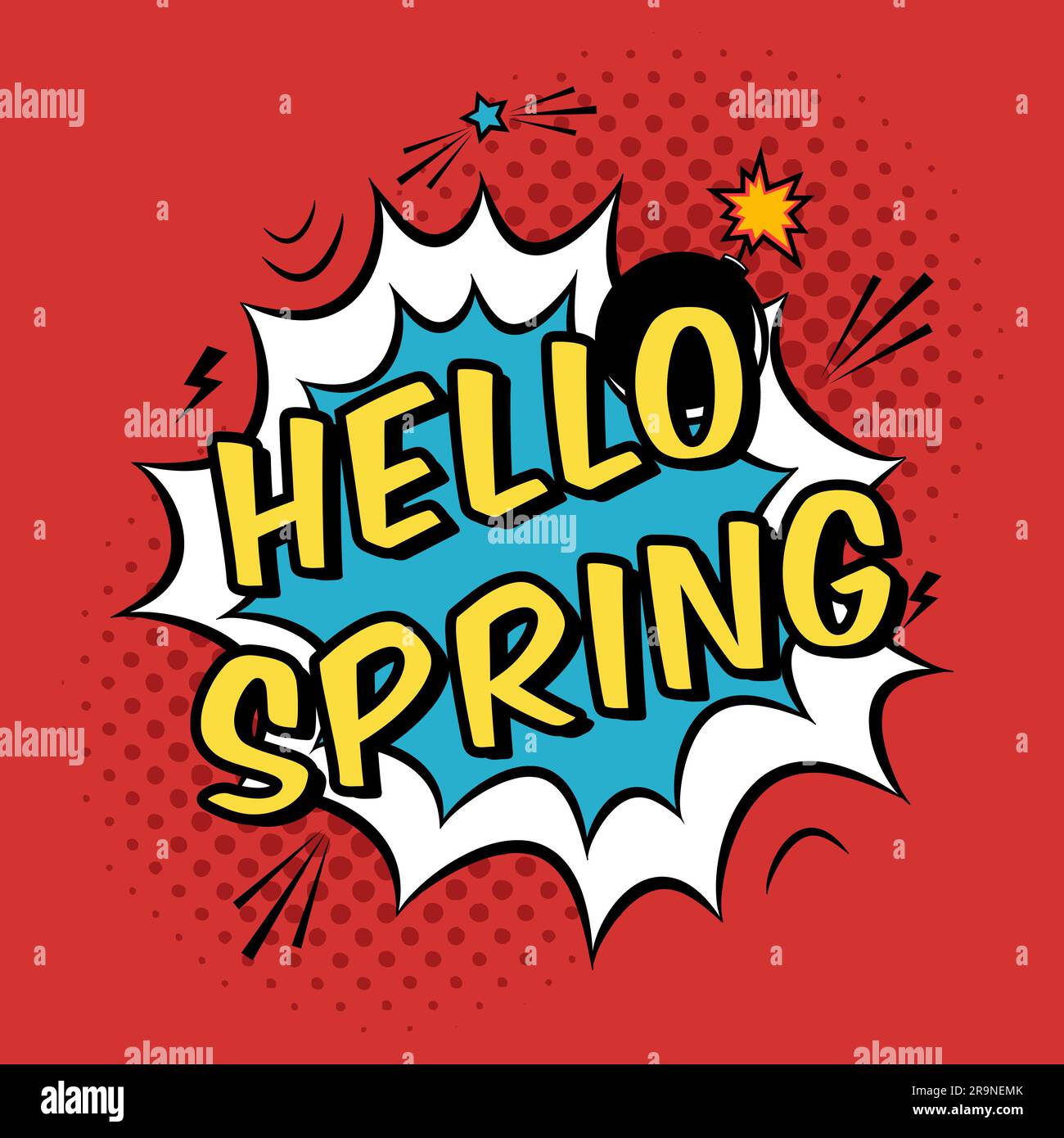 Vector colorful pop art illustration with Hello Spring phrase ...