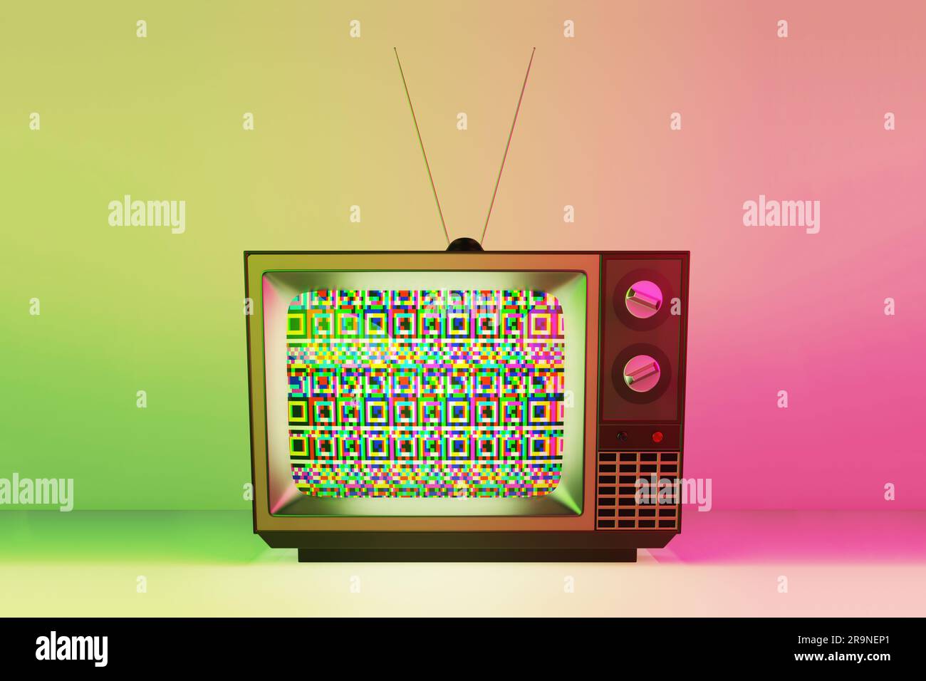 Old vintage TV with glitch screen in an empty room, 3d rendering Stock ...