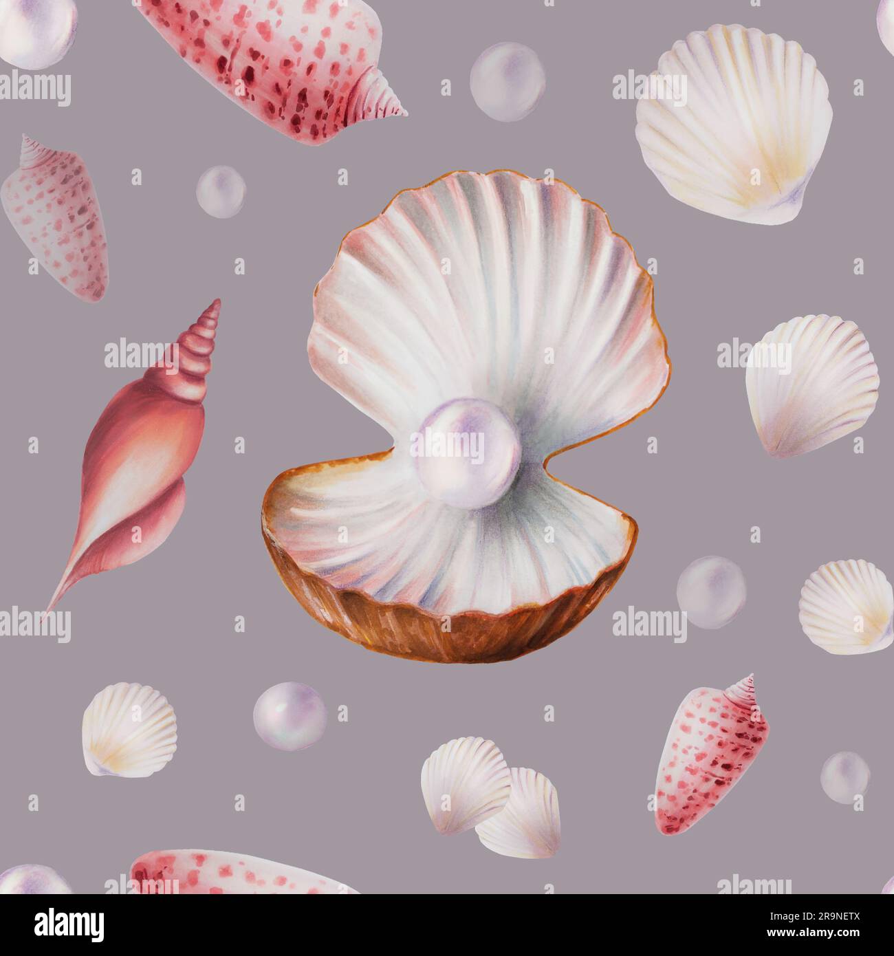 Watercolor seamless pattern with shells and pearls. Hand painting ...