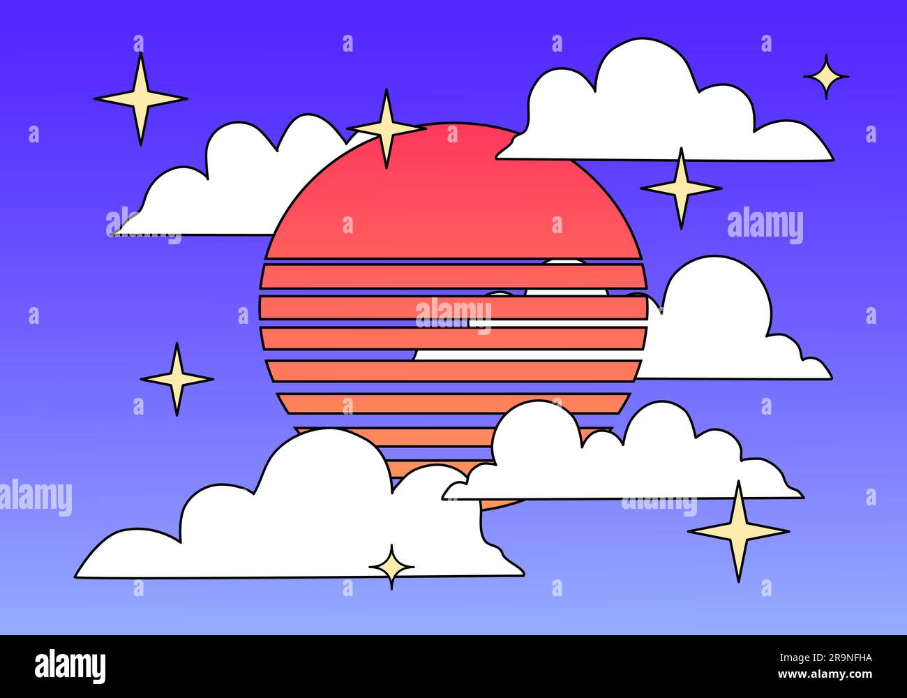 Vector illustration of retro sun, clouds, stars in 80`s style ...