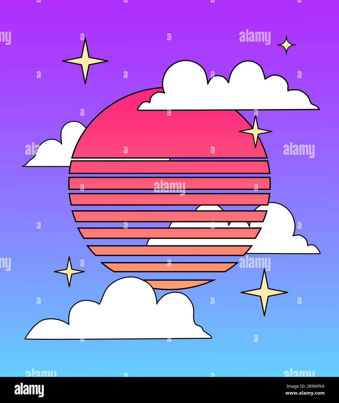 Vector illustration of retro sun, clouds, stars in 80`s style ...