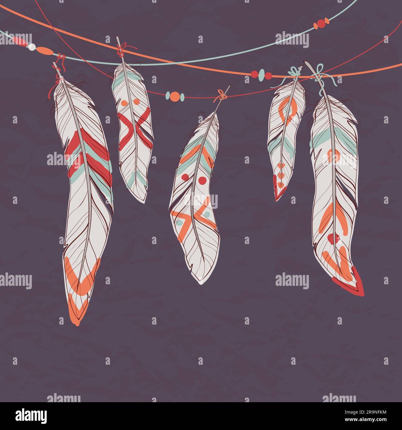 Vector colorful set of ethnic decorative feathers hanging on threads ...