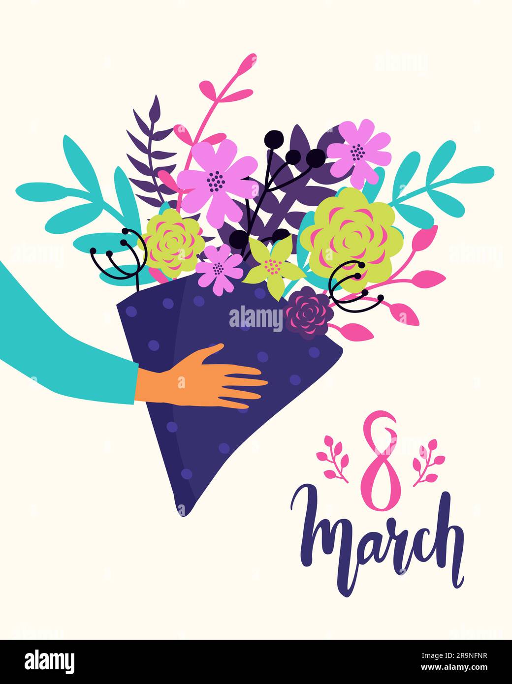 Vector Happy 8 March illustration with hands holding bouquet of flowers ...