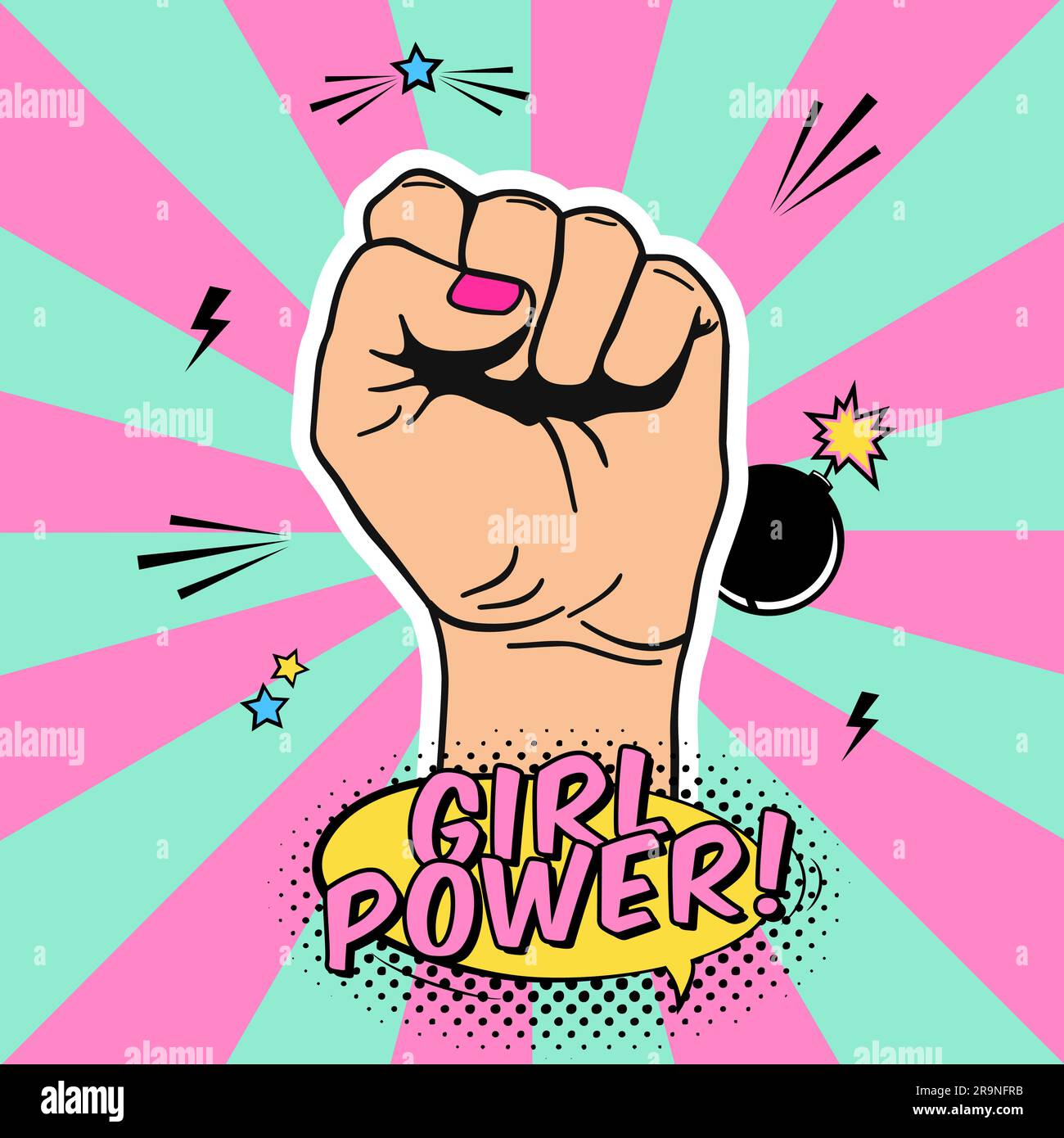 Vector Illustration Of Raised Womens Fist In Pop Art Comic Style