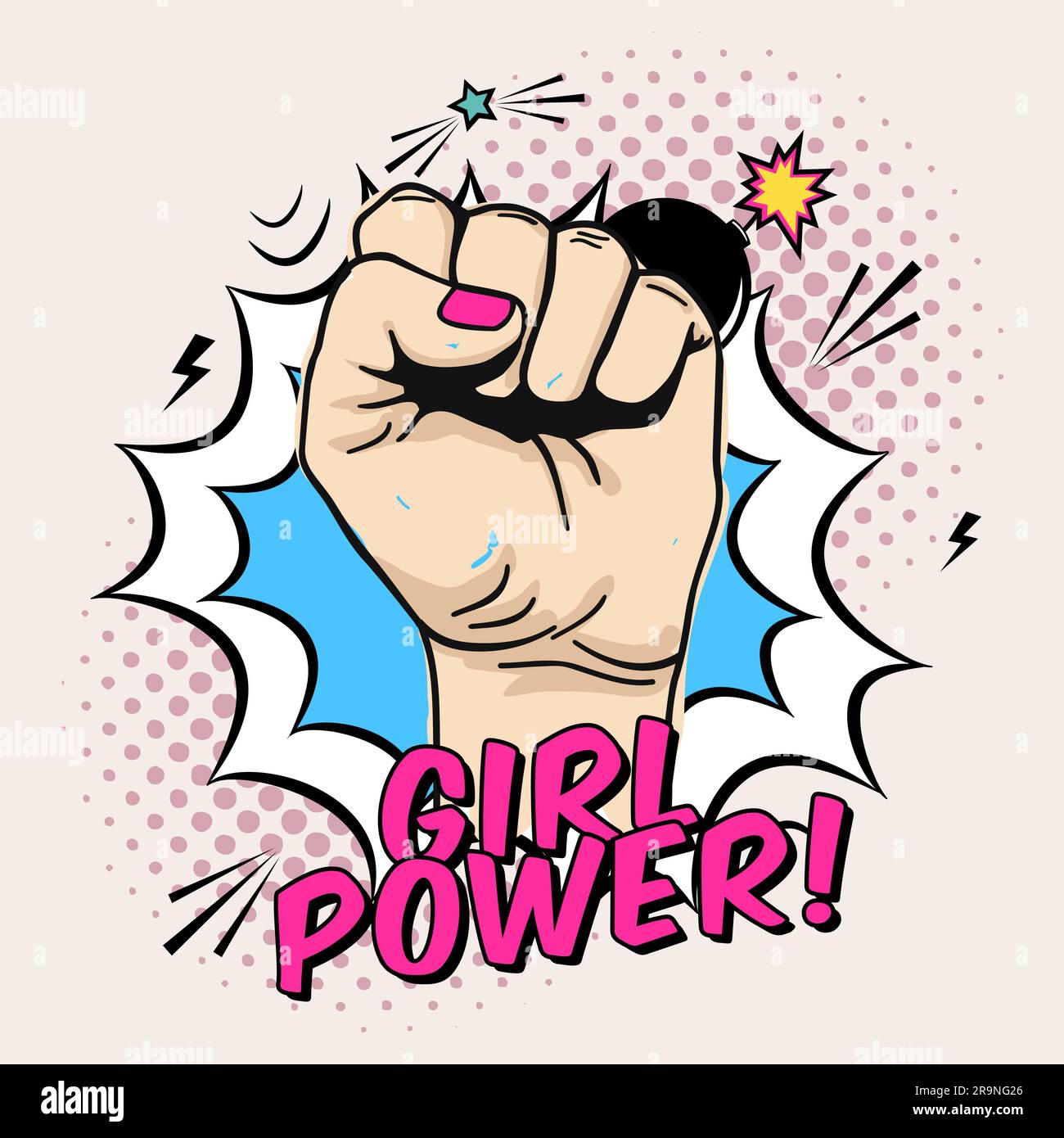 Vector illustration of raised women's fist in pop art comic style ...