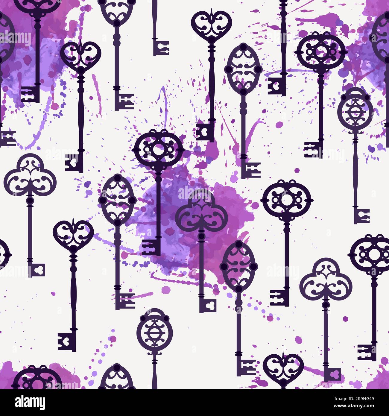 Vector seamless pattern with cute vintage keys and watercolor splashes ...