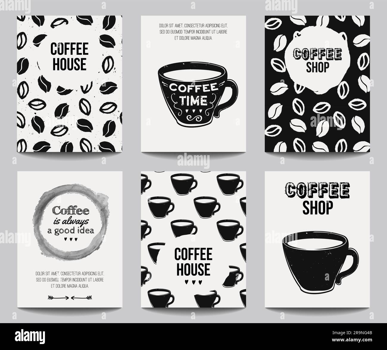Vector monochrome set of modern posters with coffee backgrounds. Trendy ...