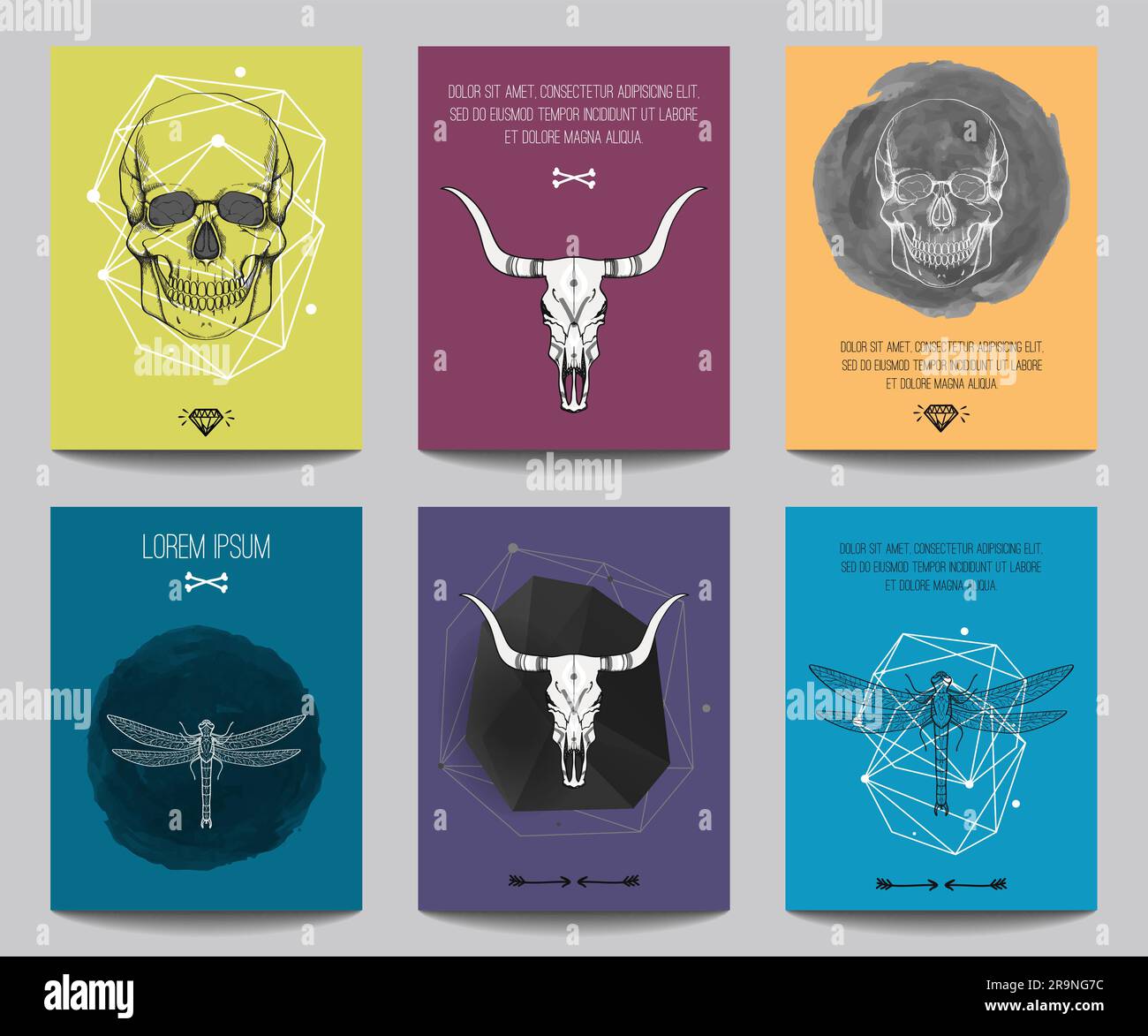 Vector set of modern posters with human skulls, bull skulls ...