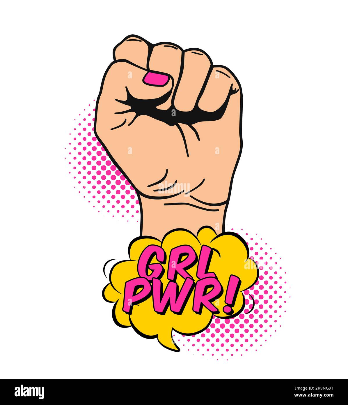 Vector illustration of raised women's fist in pop art comic style. Placard with women's rights ...