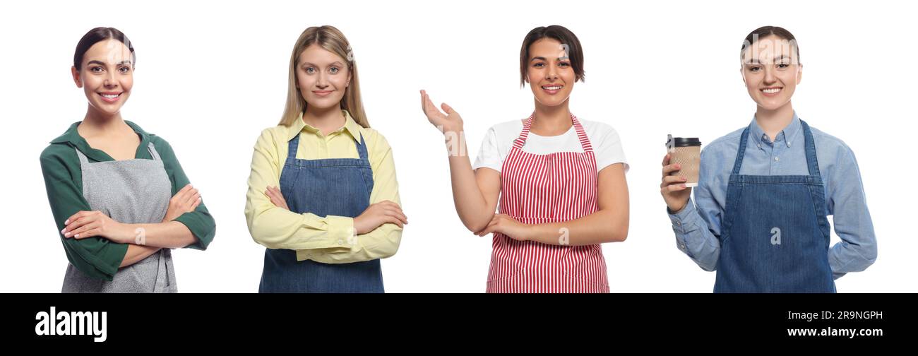 Collage with photos of women in aprons on white background Stock Photo ...