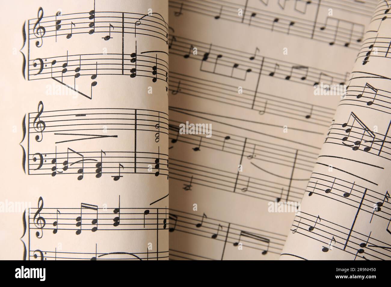 Sheets with music notes as background, top view Stock Photo - Alamy