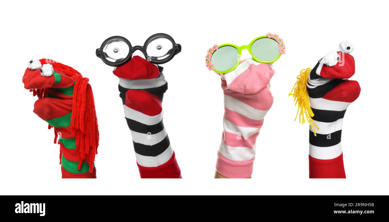 Many colorful sock puppets on white background, collage design Stock ...