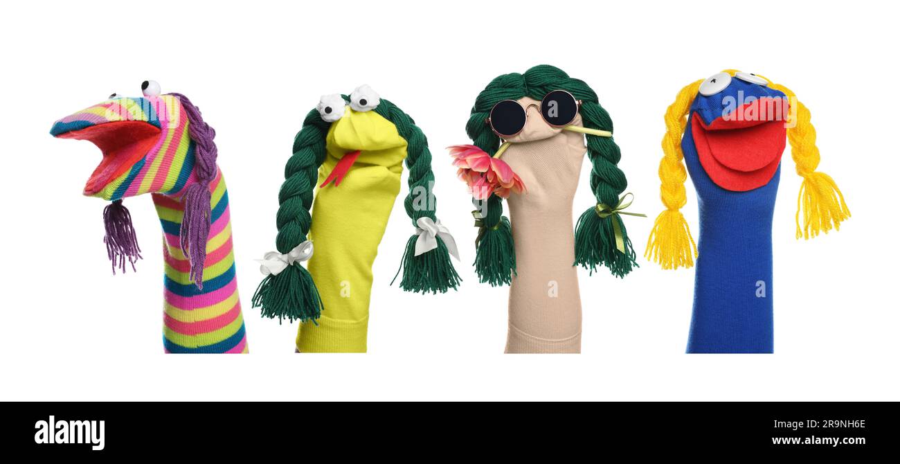 Many colorful sock puppets with braids on white background, collage ...