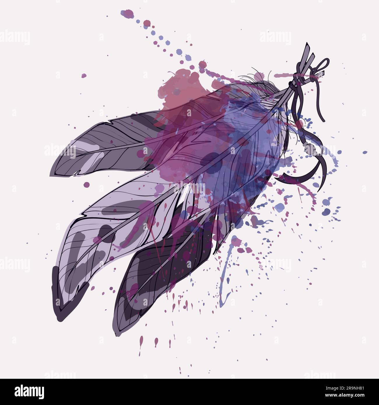 Vector illustration of ethnic decorative feathers with watercolor ...