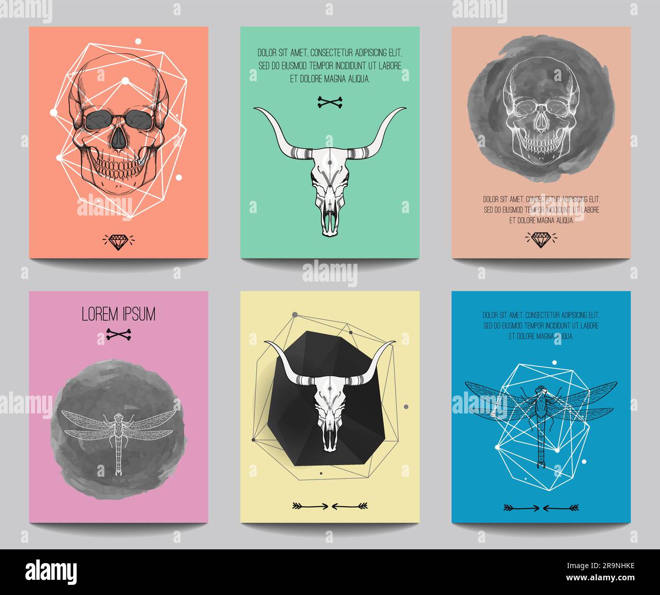 Vector set of modern posters with human skulls, bull skulls ...