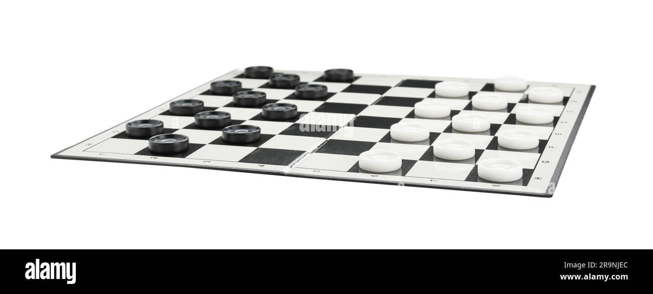 Checkerboard with game pieces isolated on white Stock Photo - Alamy