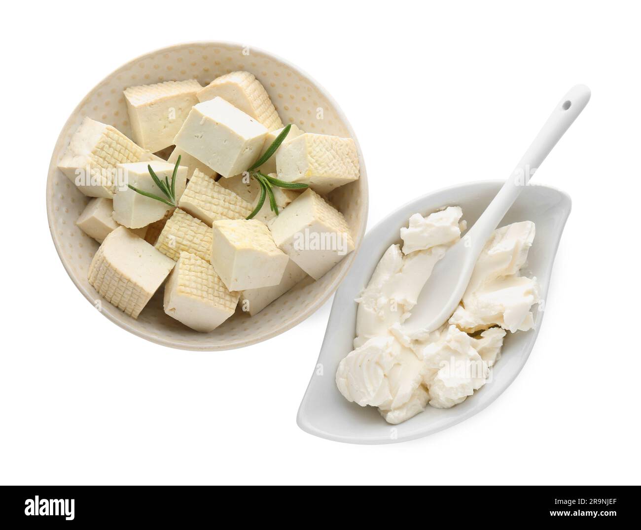 Different types of delicious tofu cheese on white background, top view ...
