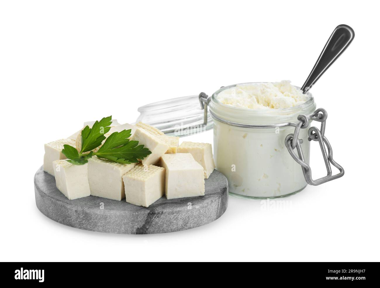 Different types of tofu cheese on white background Stock Photo - Alamy