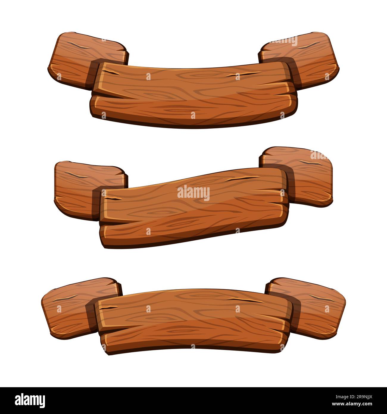 Vector set with cartoon wooden ribbons for game assets, ui development ...
