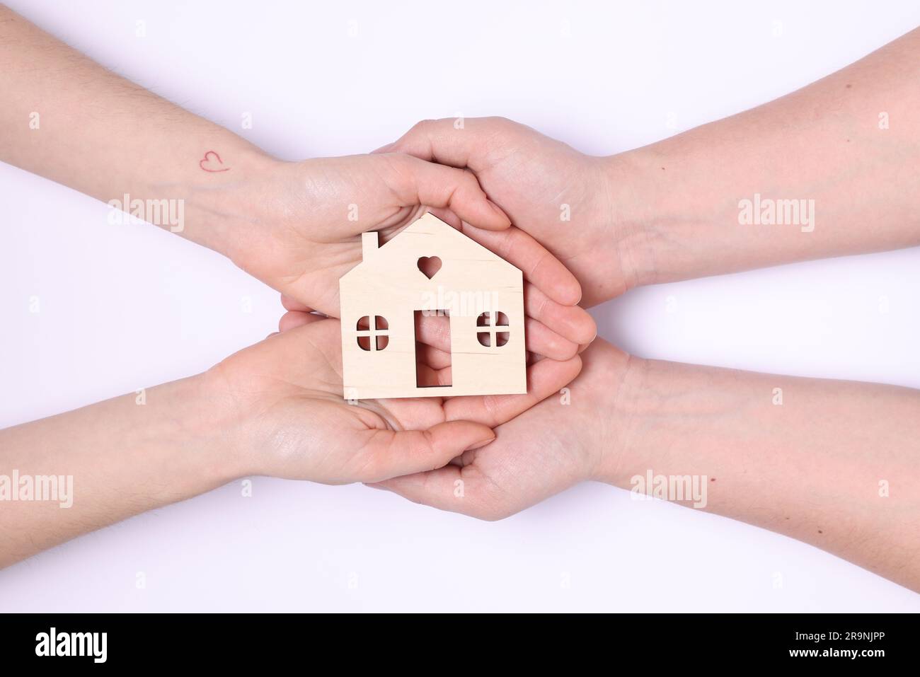Home security concept. Couple holding house model on white background ...