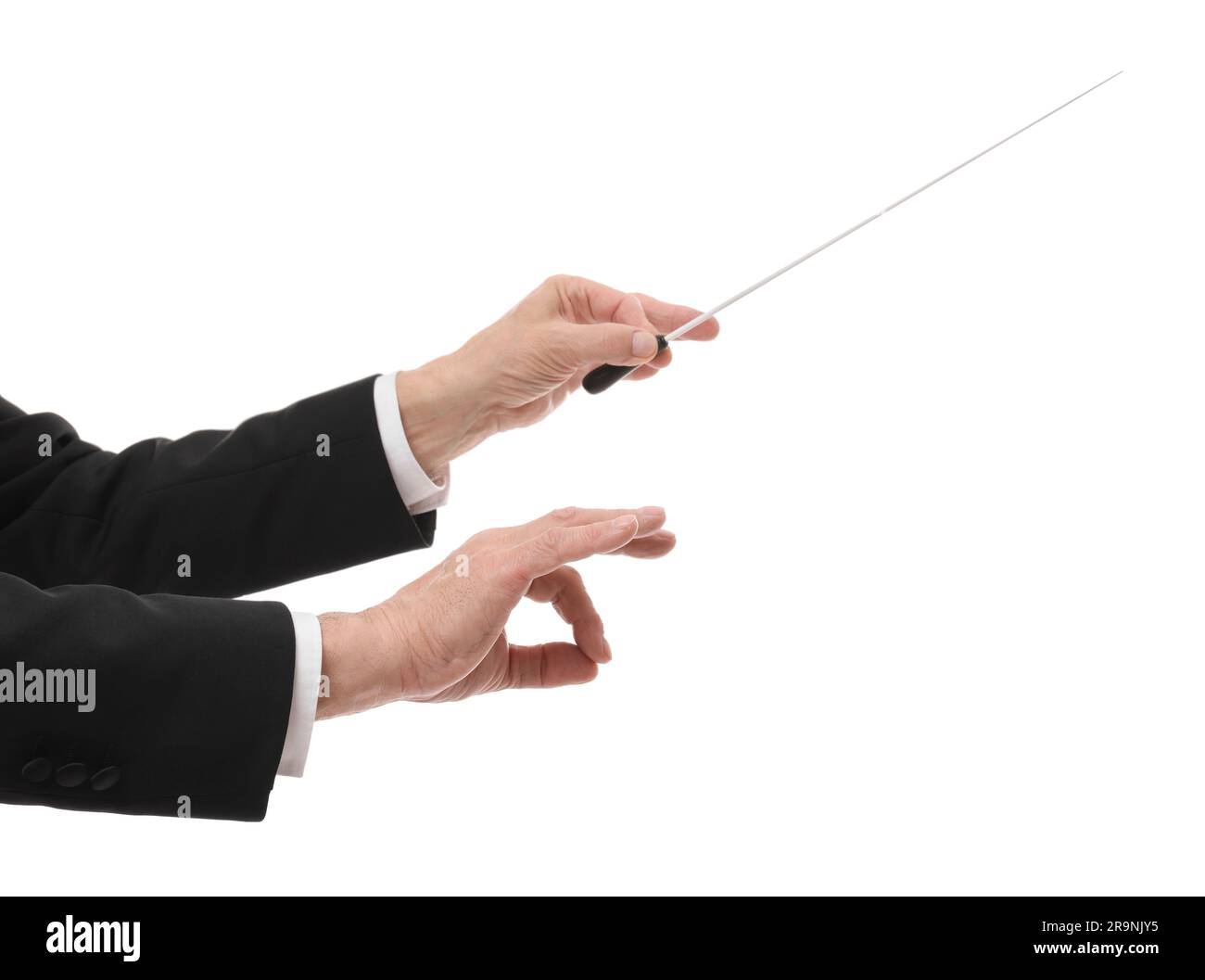 Professional conductor with baton on white background, closeup Stock ...