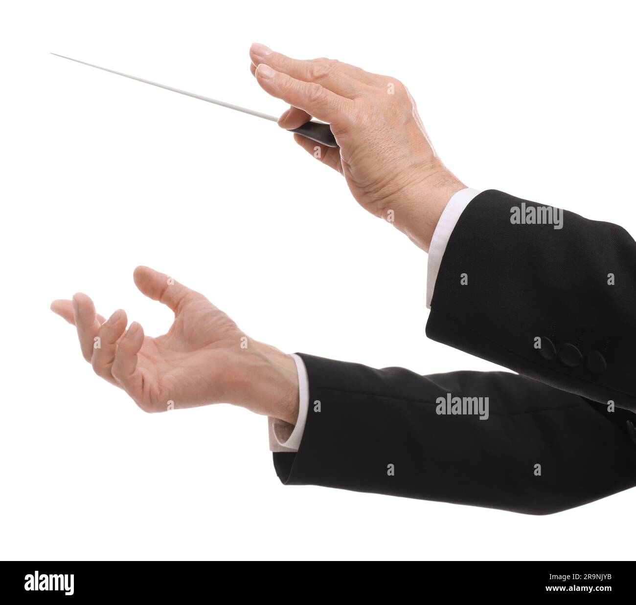 Professional conductor with baton on white background, closeup Stock ...