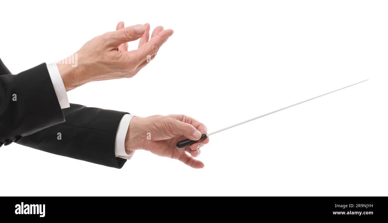 Professional conductor with baton on white background, closeup Stock ...
