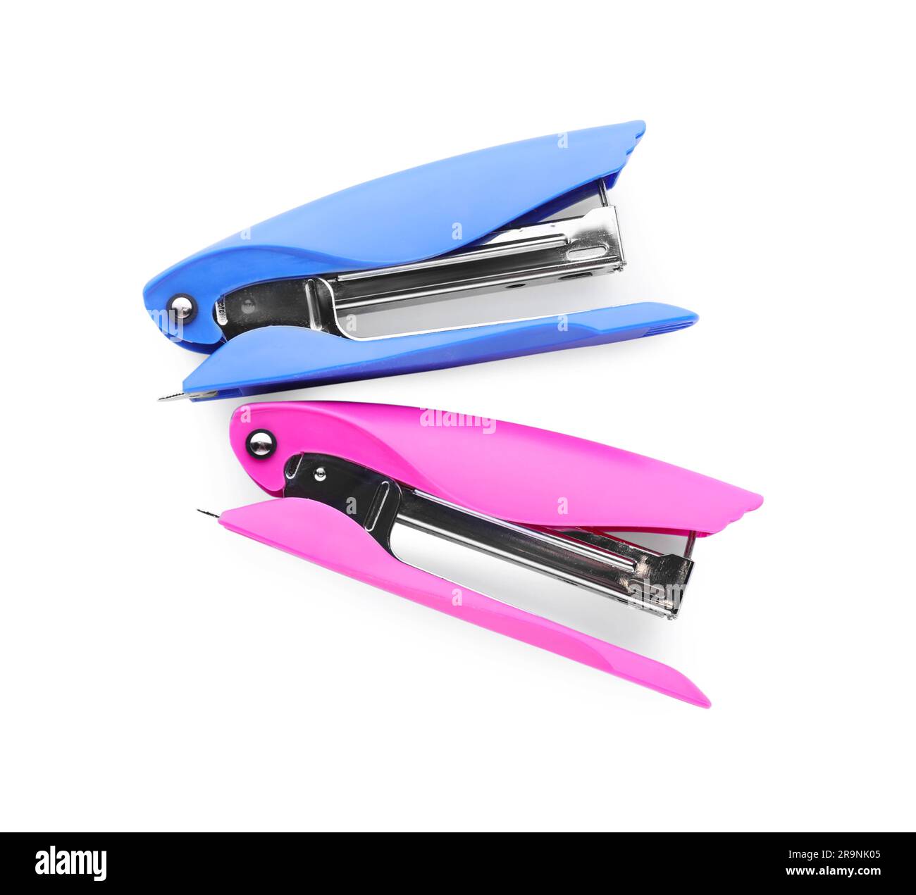Bright color staplers with staples isolated on white, top view Stock ...