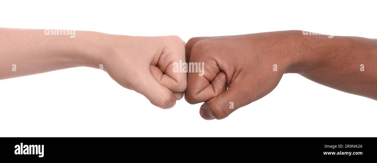 International relationships. People making fist bump on white ...
