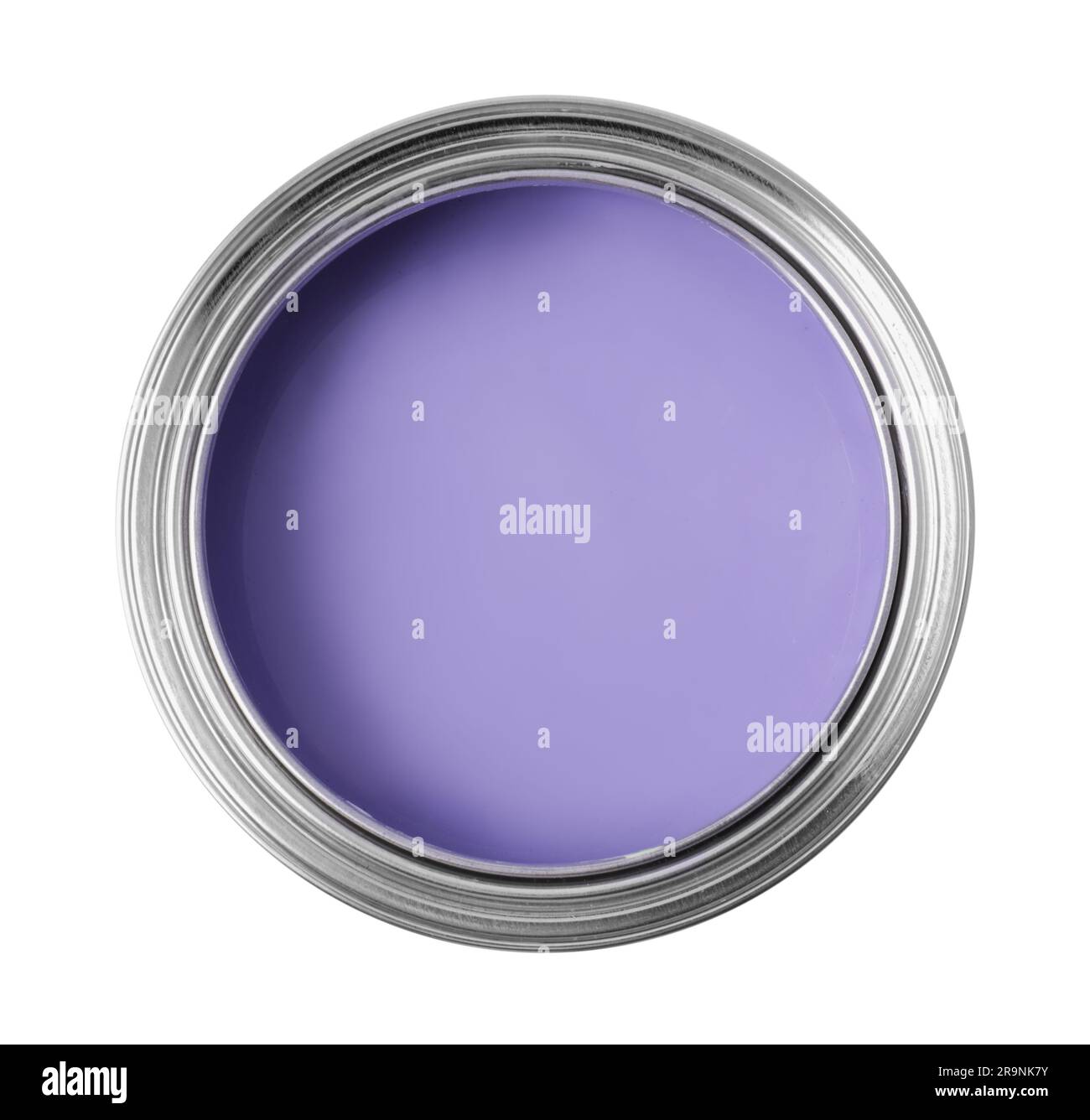 Can of lilac paint isolated on white, top view Stock Photo - Alamy
