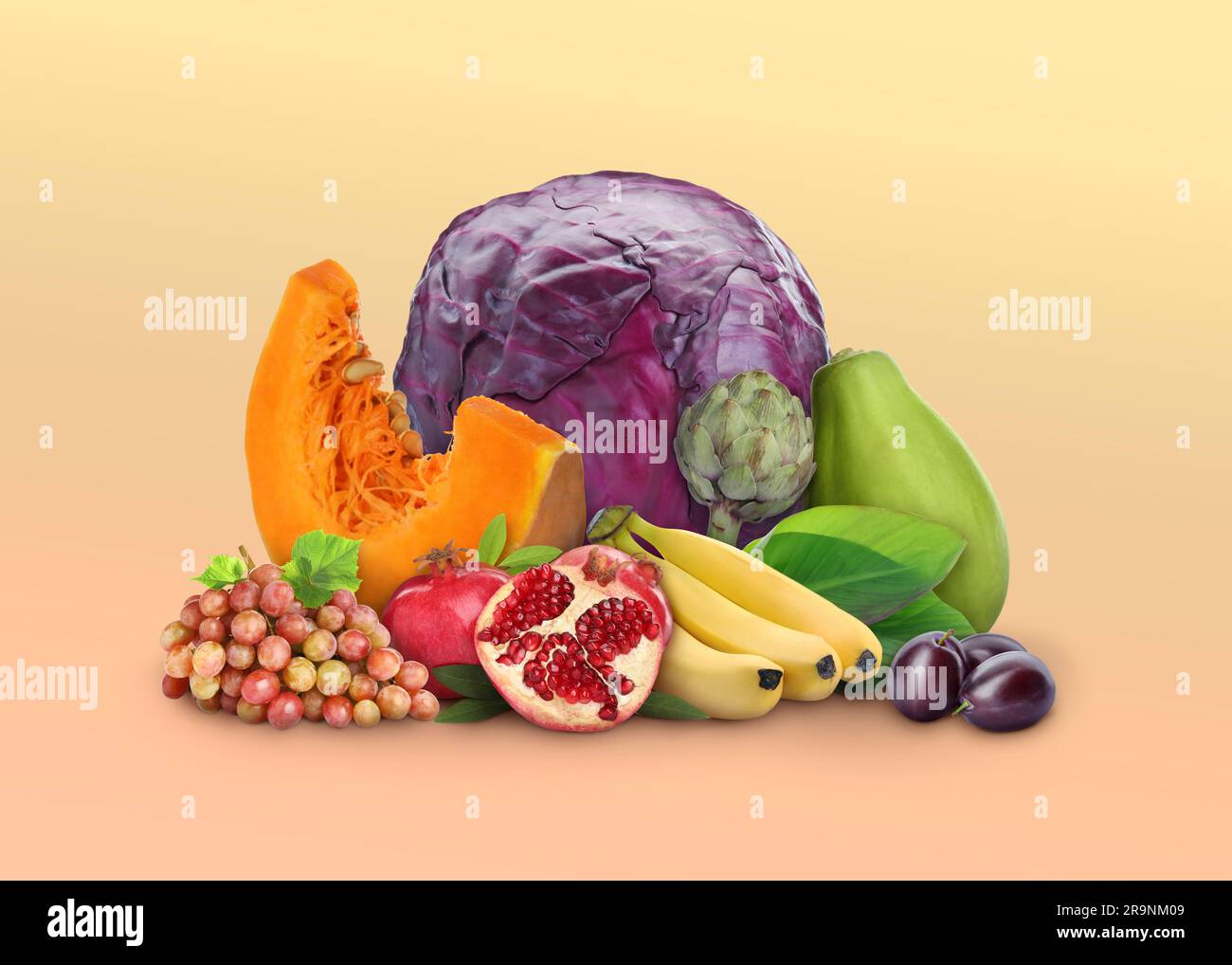 Fresh fruits and vegetables on pale yellow orange gradient background ...