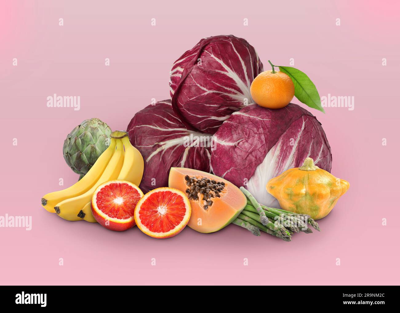 Fresh fruits and vegetables on pink background Stock Photo - Alamy