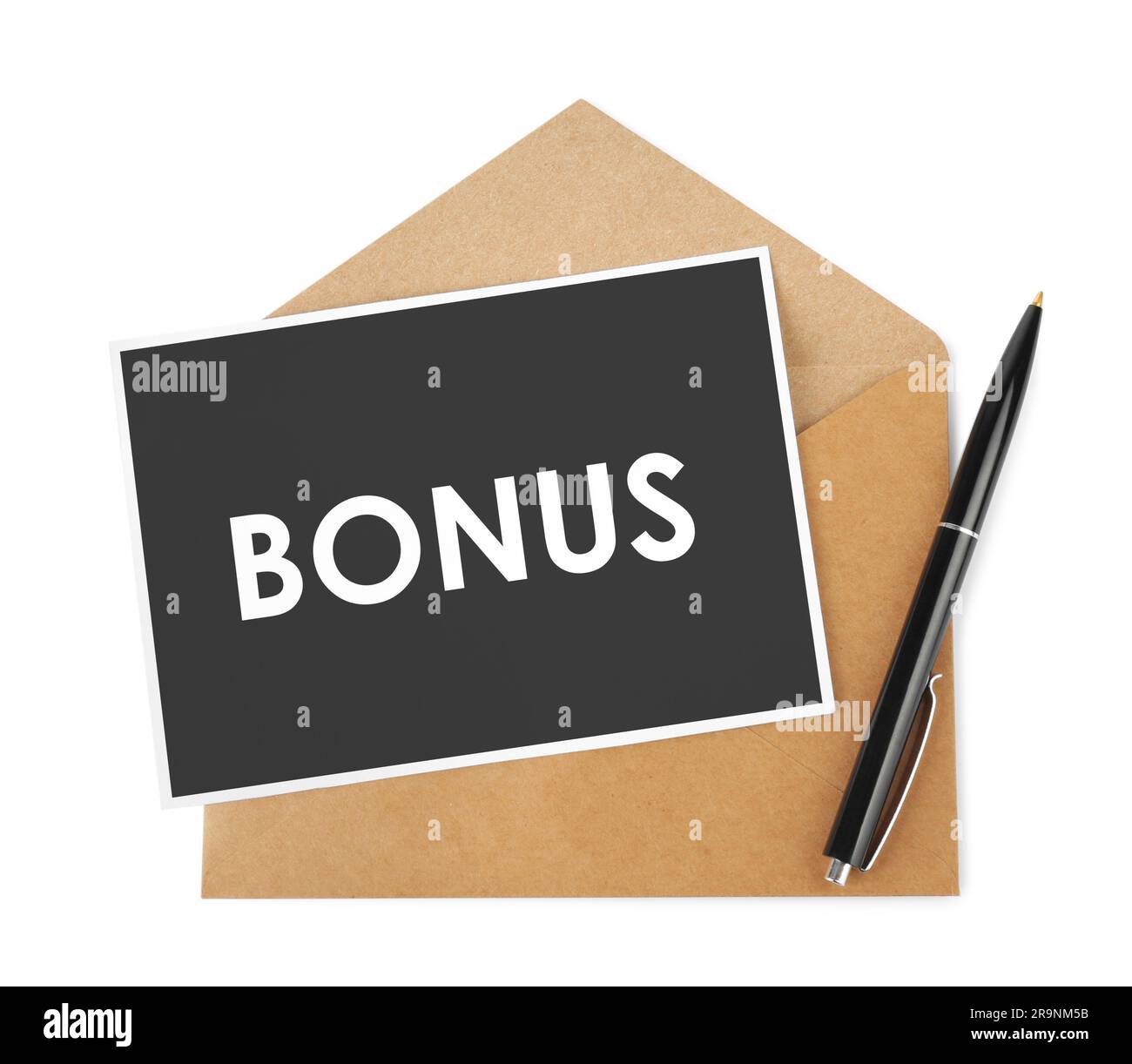 Envelope, letter with word Bonus and pen on white background, top view ...