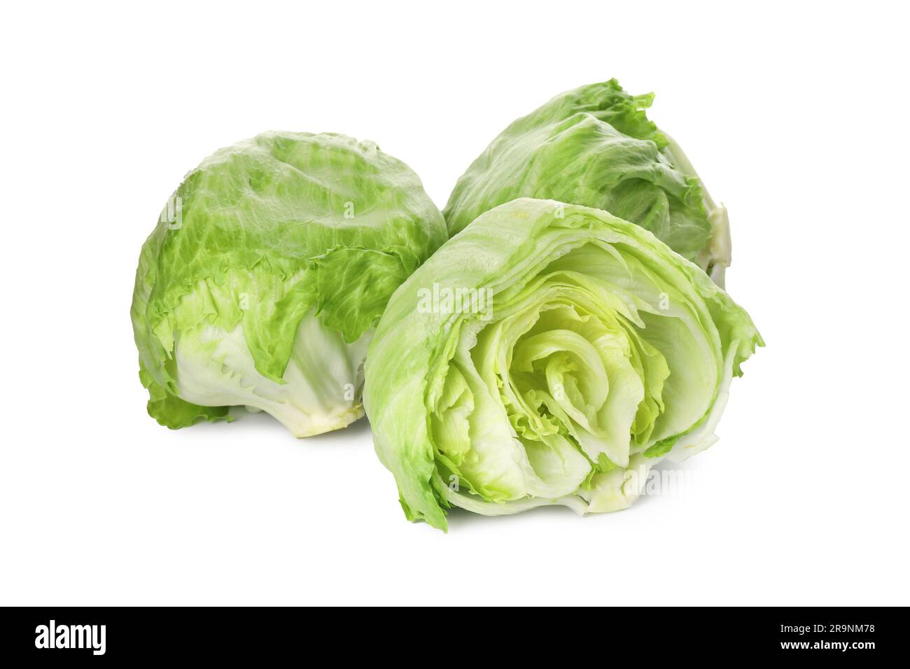 Whole and cut fresh green iceberg lettuces isolated on white Stock ...