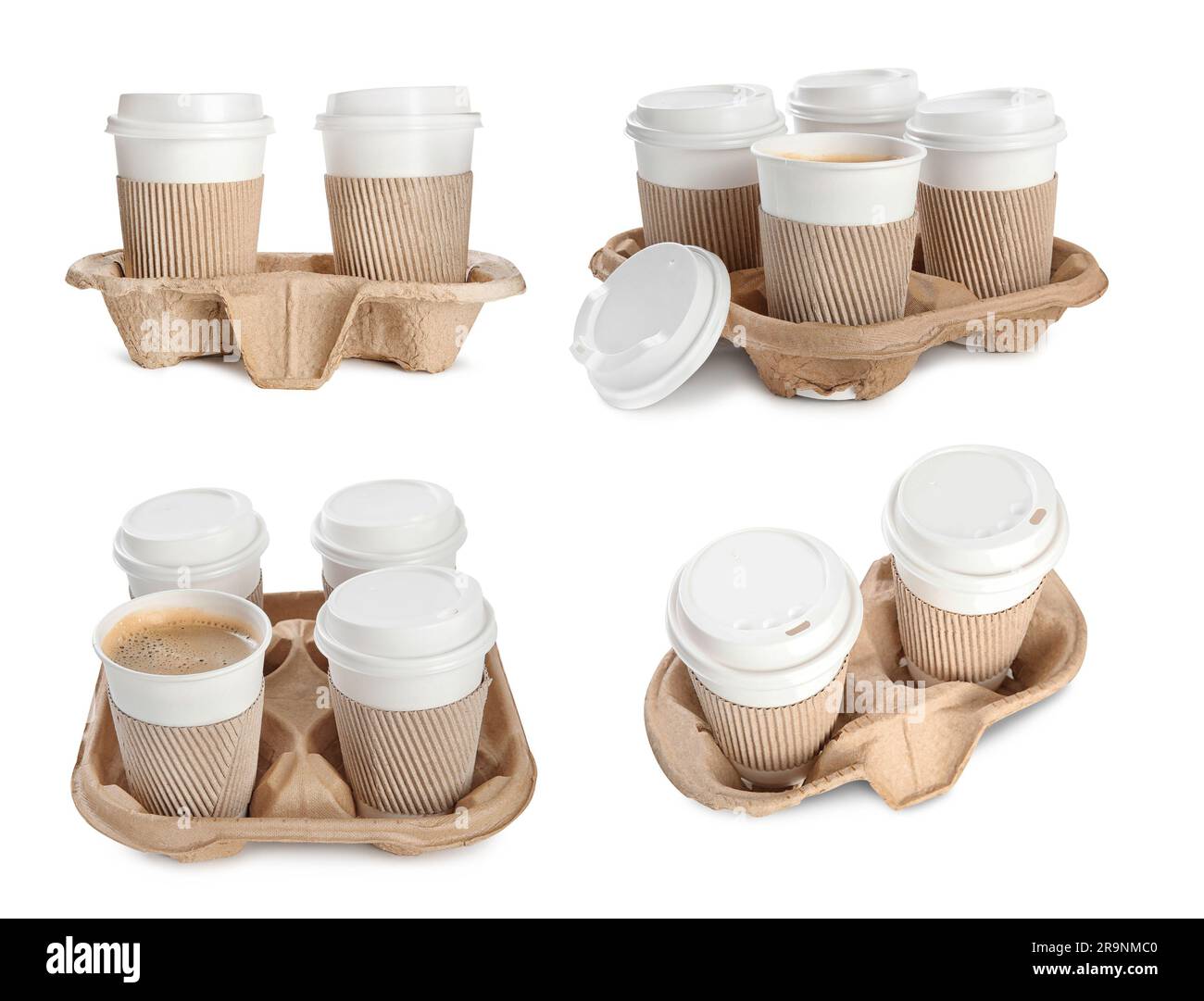 Takeaway paper cups with coffee in cardboard holders isolated on white ...