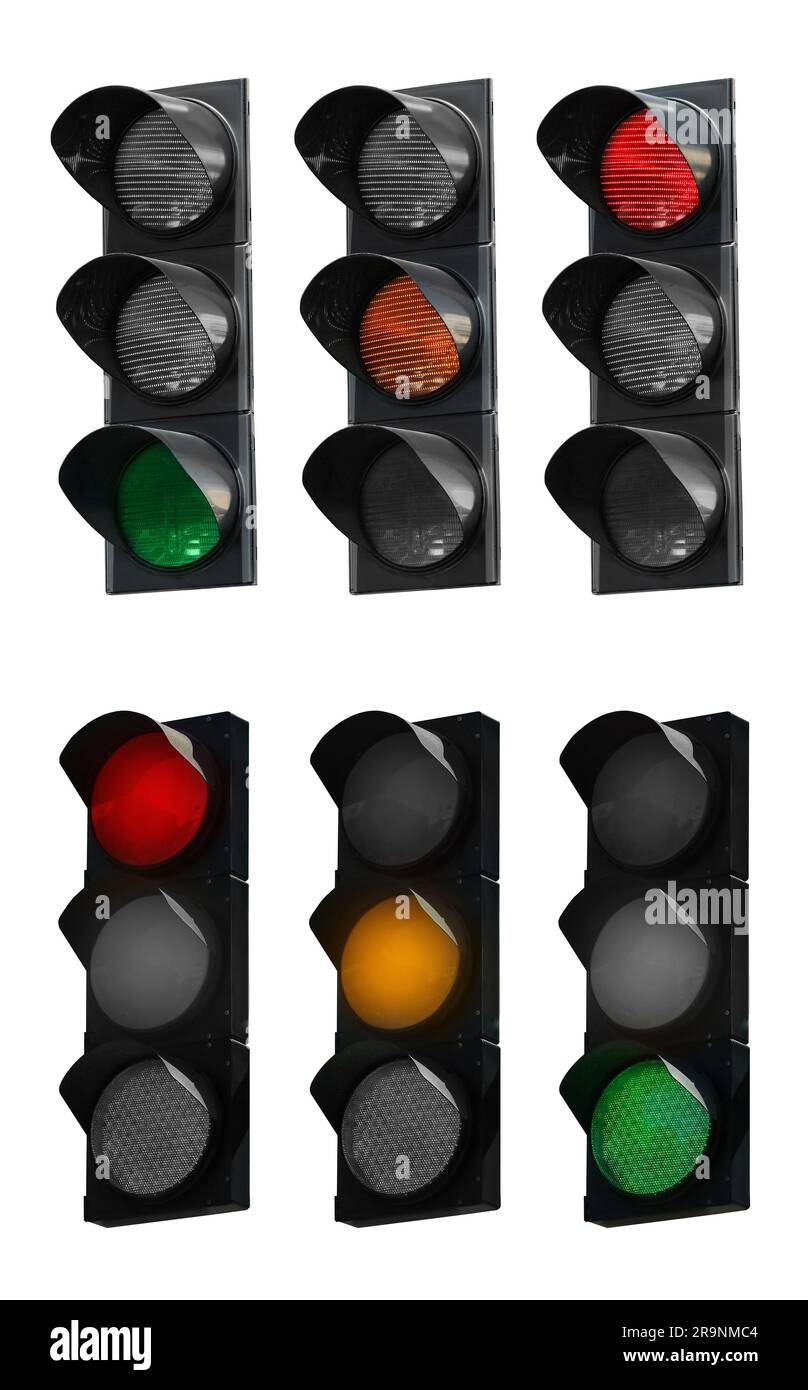 Collage of traffic signals with different glowing lights (red, orange ...